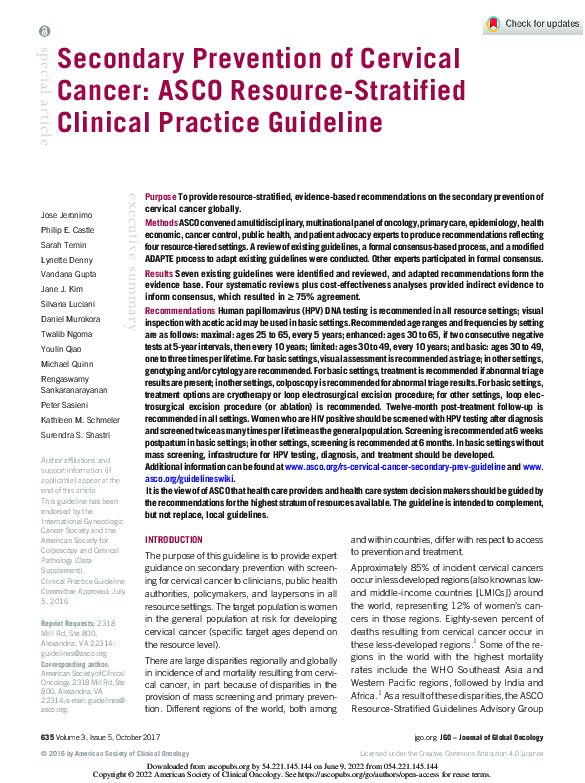 (PDF) Secondary Prevention of Cervical Cancer: ASCO Resource-Stratified ...