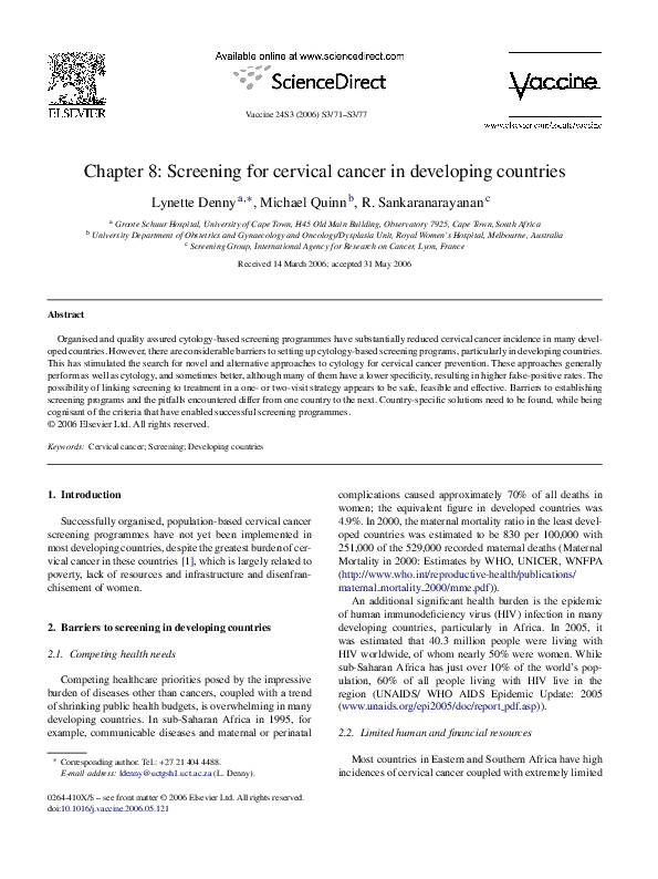 (PDF) Chapter 8: Screening for cervical cancer in developing countries
