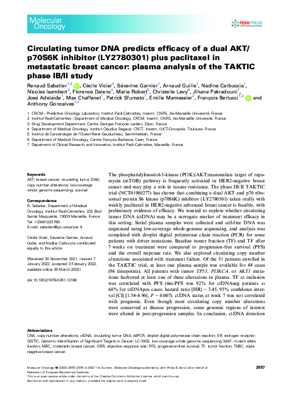 (PDF) Circulating tumor DNA predicts efficacy of a dual AKT/p70S6K inhibitor (LY2780301) plus ...
