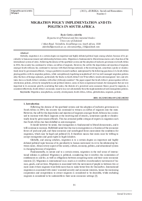 (PDF) Migration policy implementation and its politics in South Africa