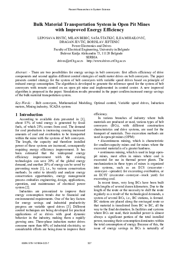 (PDF) Bulk Material Transportation System in Open Pit Mines with Improved Energy Efficiency