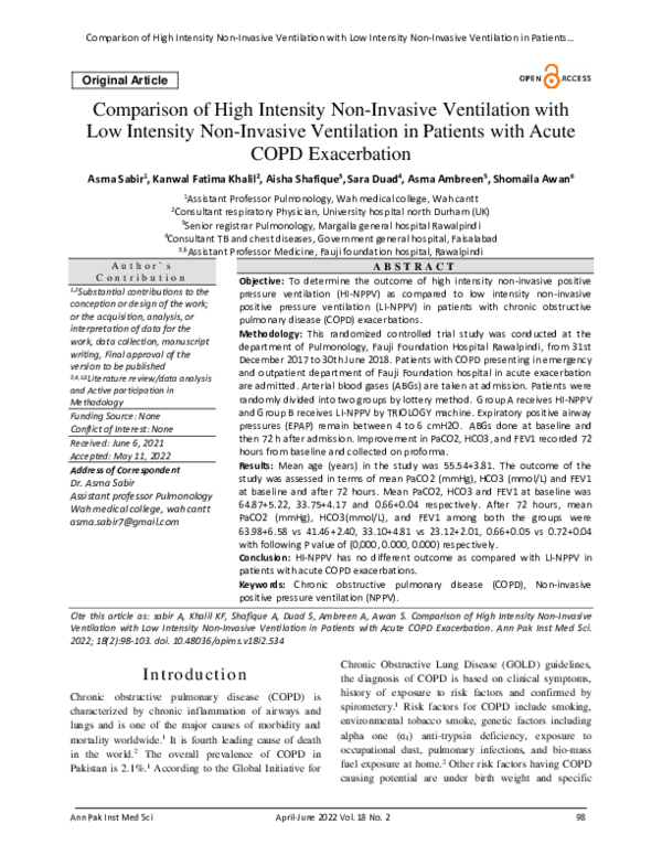 (PDF) Comparison of High Intensity Non-Invasive Ventilation With Low ...