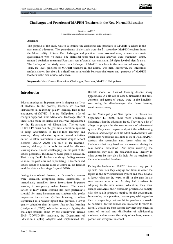 (PDF) Challenges and Practices of MAPEH Teachers in the New Normal ...