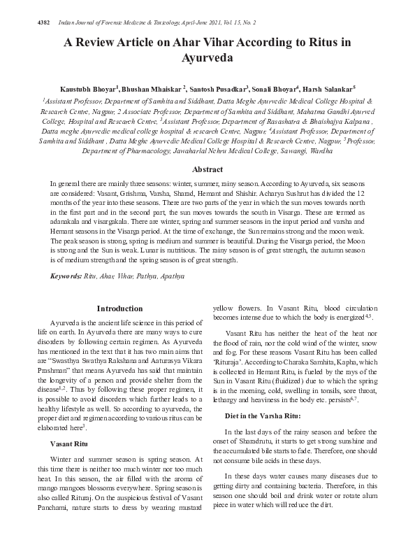 (PDF) A Review Article on Ahar Vihar According to Ritus in Ayurveda