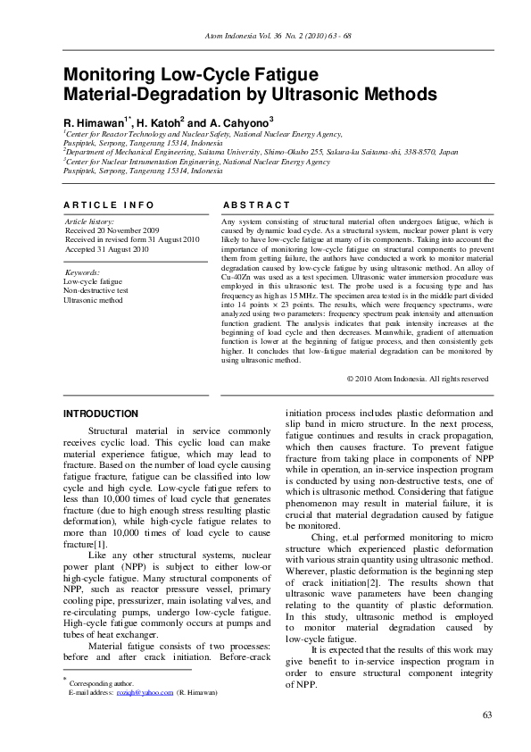 (PDF) Monitoring Low-Cycle Fatigue Material-Degradation by Ultrasonic Methods | Roziq Himawan ...
