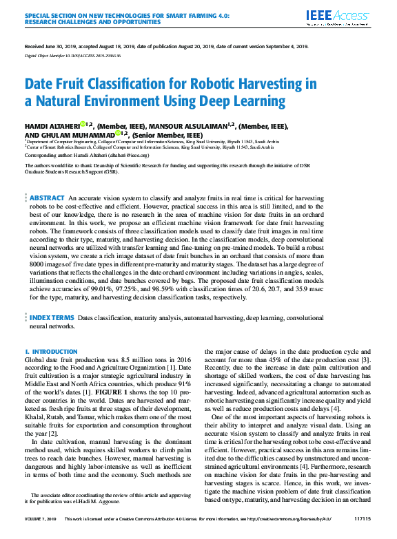 (PDF) Date Fruit Classification for Robotic Harvesting in a Natural Environment Using Deep Learning