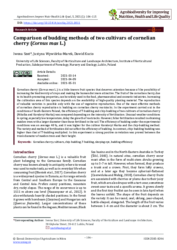 (PDF) Comparison of Budding Methods of Two Cultivars of Cornelian cherry (Cornus mas L.)