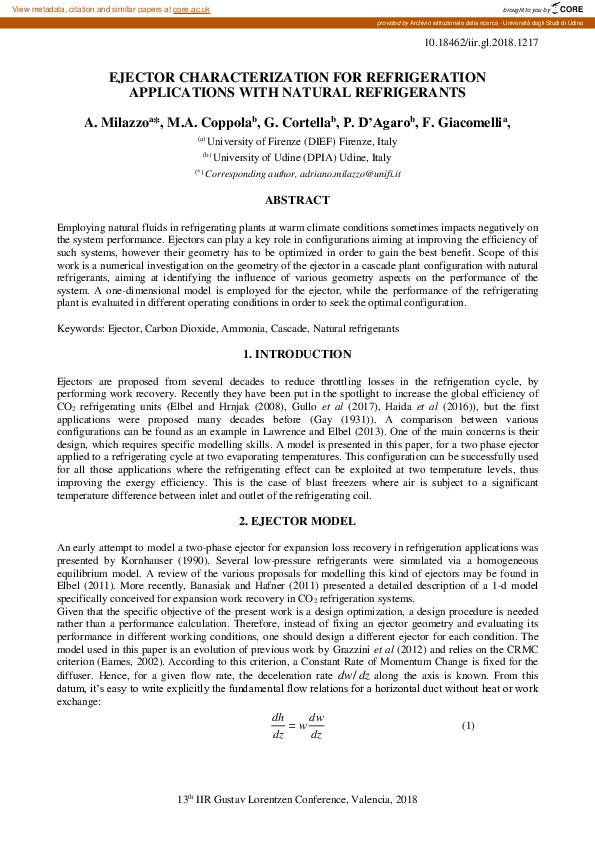 (PDF) Ejector characterization for refrigeration applications with ...