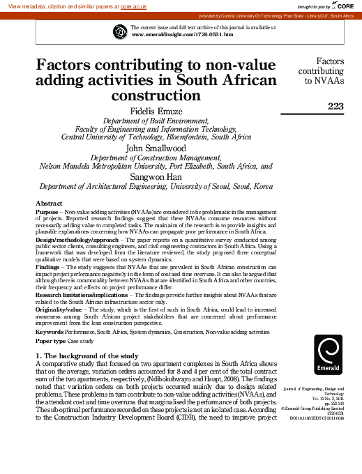 (PDF) Factors contributing to non-value adding activities in South African construction | John ...