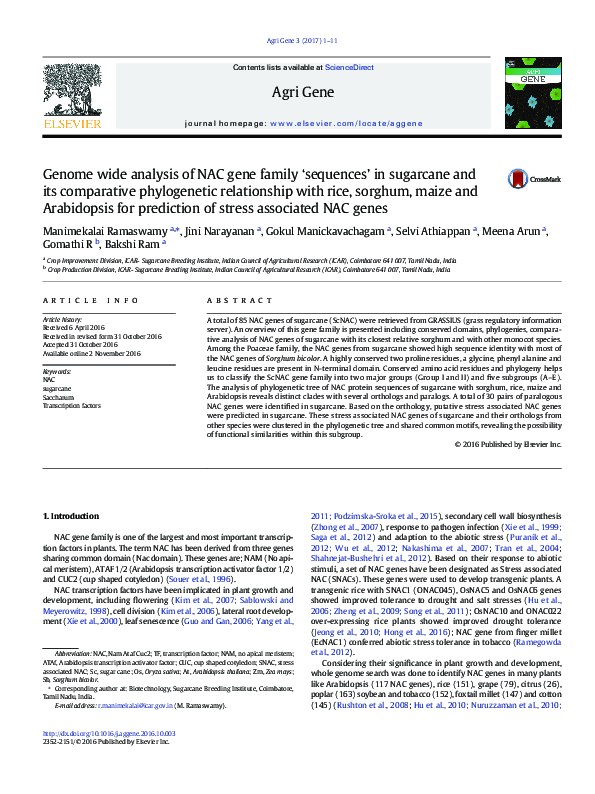 (PDF) Genome wide analysis of NAC gene family ‘sequences’ in sugarcane and its comparative ...