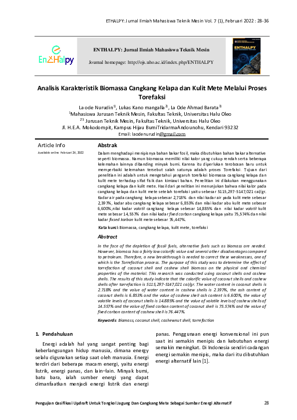 (PDF) Analisis Karakteristik Biomassa Cangkang Kelapa Dan Kulit Mete ...