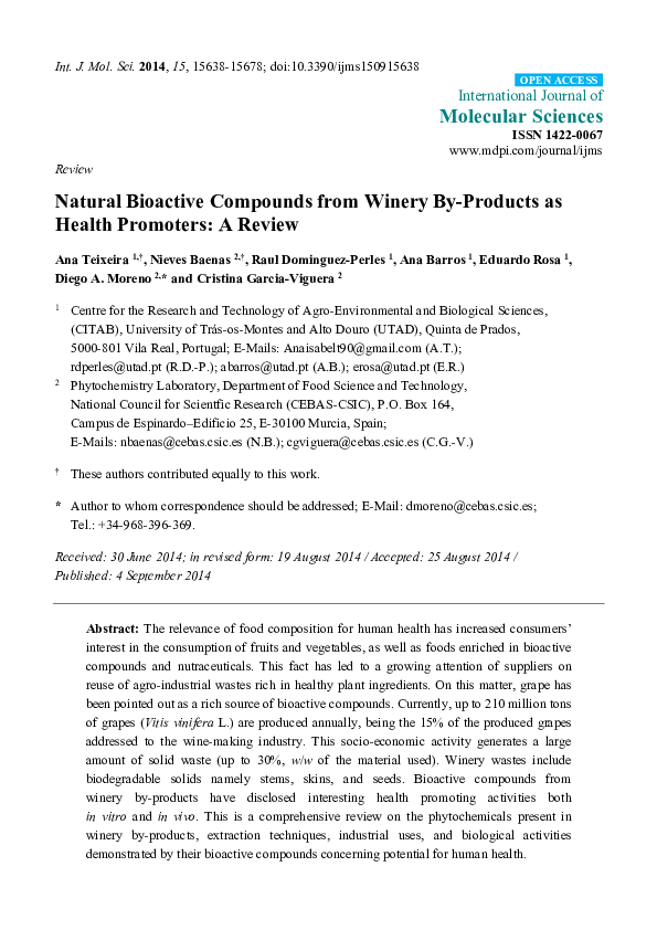 (PDF) Natural Bioactive Compounds from Winery By-Products as Health ...