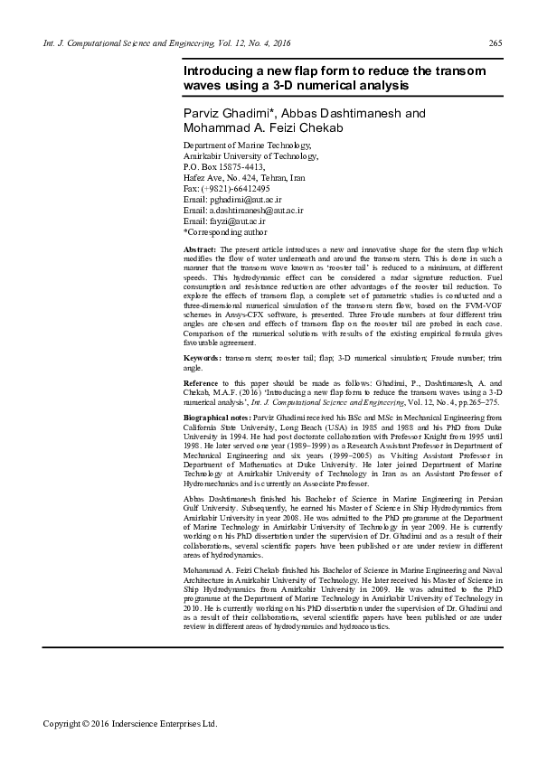 Pdf Introducing A New Flap Form To Reduce The Transom Waves Using A 3 D Numerical Analysis