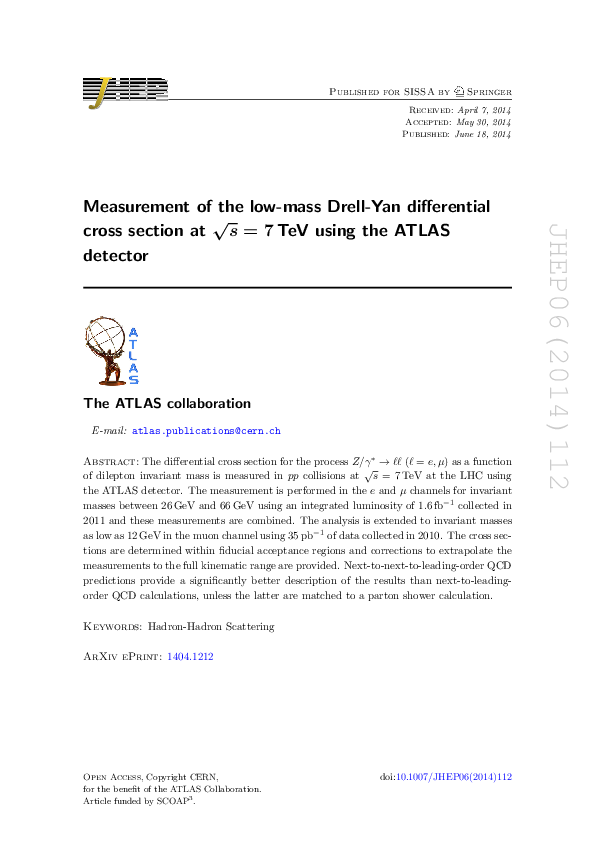 (PDF) Measurement of the low-mass Drell-Yan differential cross section at s $$ \sqrt{s} $$ = 7 ...