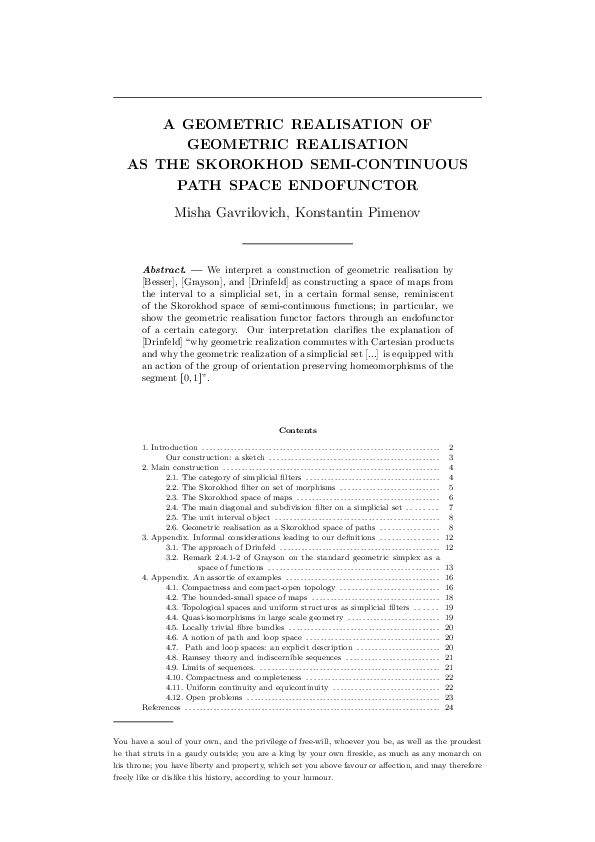(PDF) Geometric realisation as the Skorokhod semi-continuous path space ...