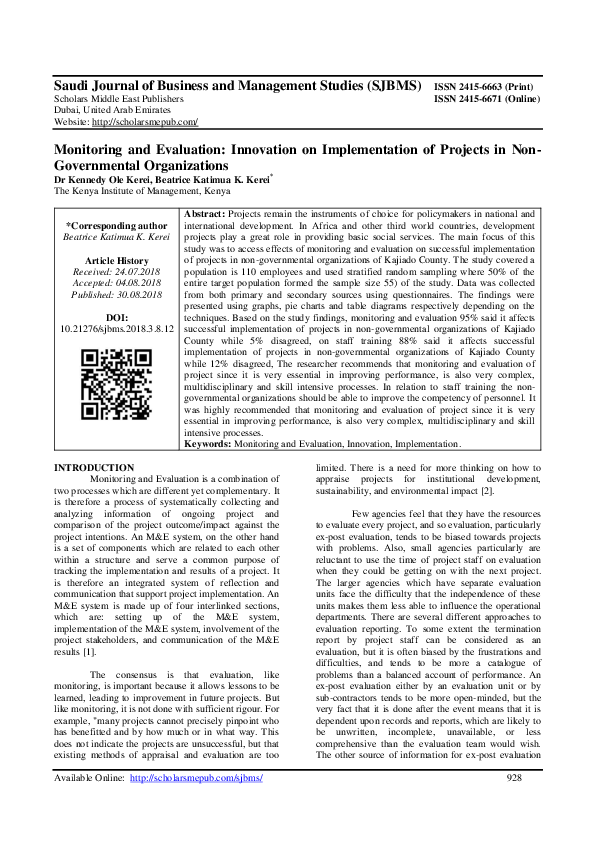 (PDF) Monitoring and Evaluation: Innovation on Implementation of Projects in Non- Governmental ...