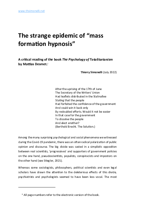 (PDF) The strange epidemic of “mass formation hypnosis”