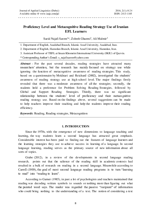 (PDF) Proficiency Level and Metacognitive Reading Strategy Use of Iranian EFL Learners