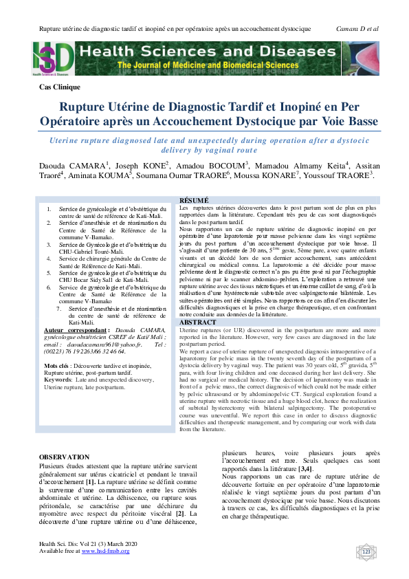 (PDF) Rupture Utérine de Diagnostic Tardif et Inopiné en Peropératoire ...