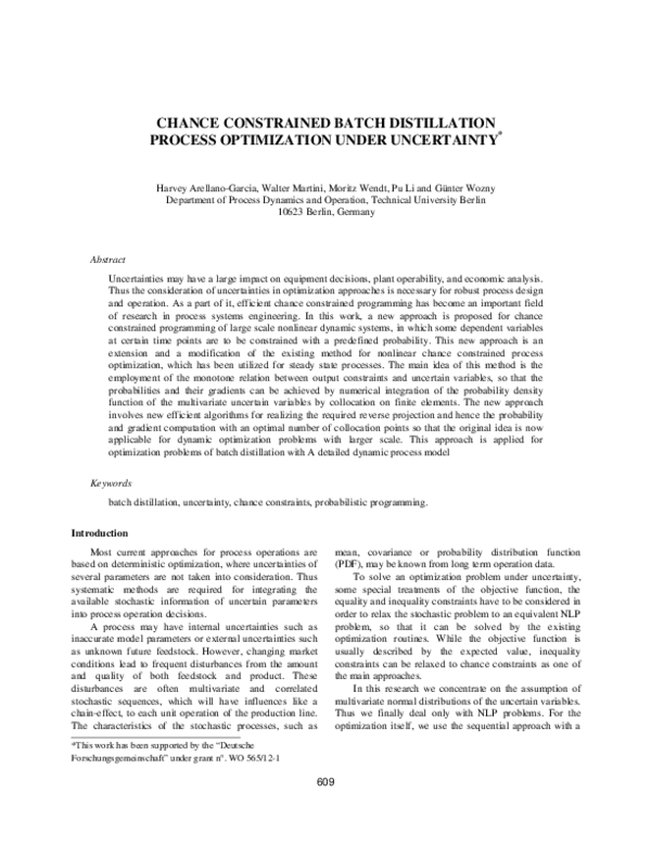 (PDF) Chance constrained batch distillation process optimization under uncertainty | WALTER ...