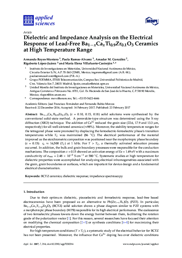 (PDF) Dielectric and Impedance Analysis on the Electrical Response of Lead-Free Ba1−xCaxTi0.9Zr0 ...