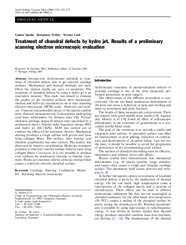 (PDF) Treatment of chondral defects by hydro jet. Results of a ...