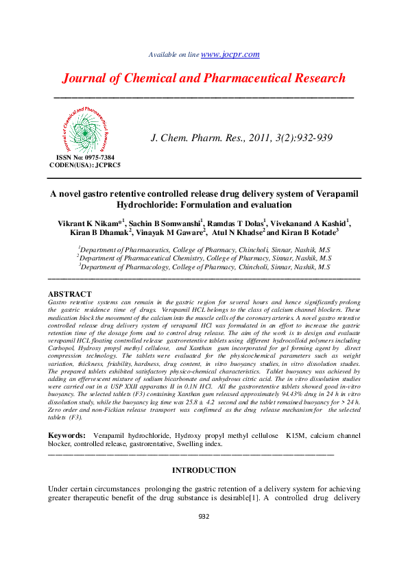 Pdf A Novel Gastro Retentive Controlled Release Drug Delivery System Of Verapamil