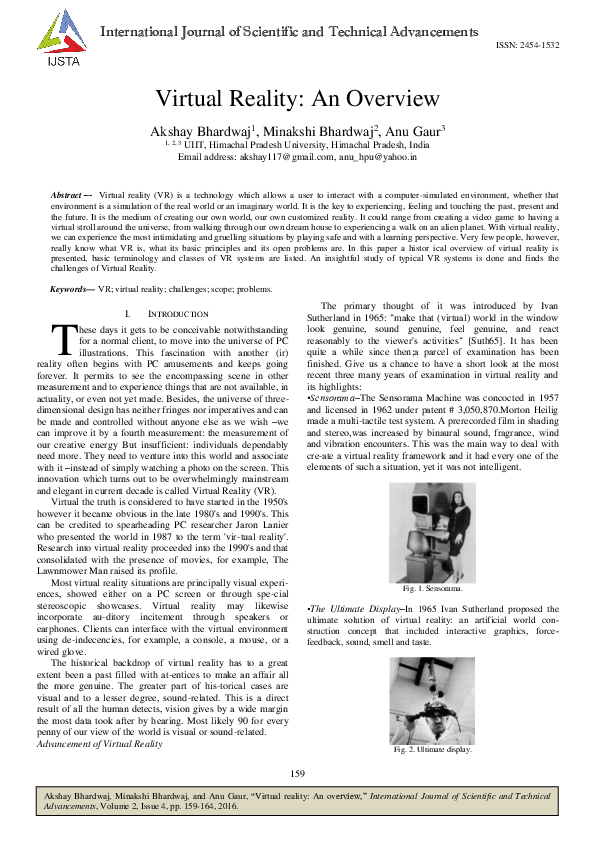 (PDF) Virtual Reality : An Overview