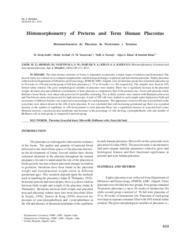 (PDF) Histomorphometry of Preterm and Term Human Placentas