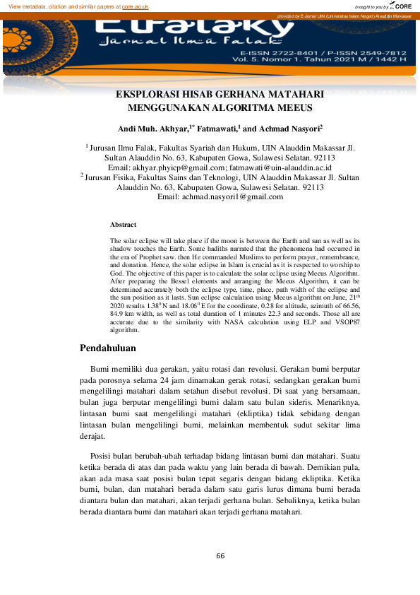 (PDF) Eksplorasi Hisab Gerhana Matahari Menggunakan Algoritma Meeus