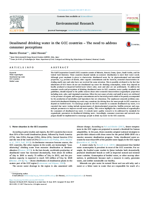 (PDF) Desalinated drinking water in the GCC countries - The need to address consumer perceptions