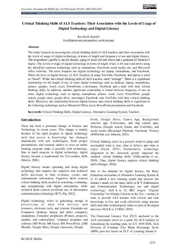 (PDF) Critical Thinking Skills of ALS Teachers: Their Association with ...