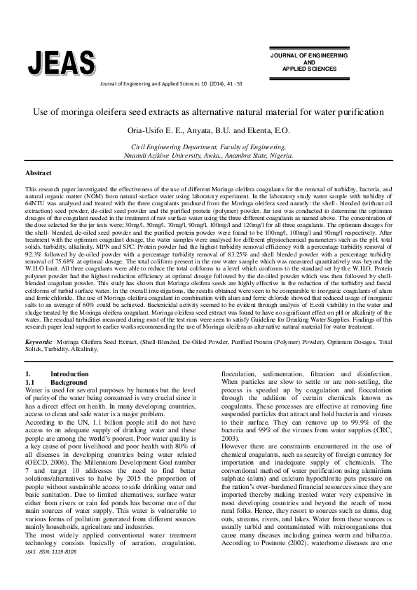 (PDF) Use of moringa oleifera seed extracts as alternative natural material for water purification
