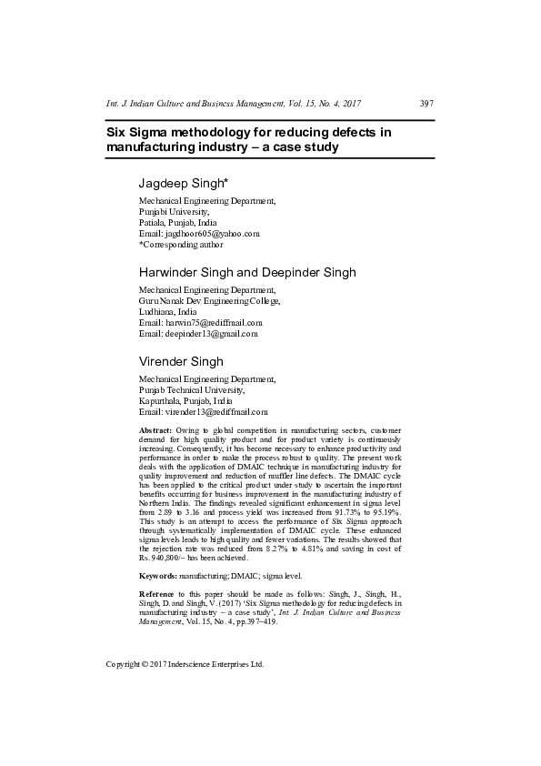 (PDF) Six Sigma methodology for reducing defects in manufacturing industry - a case study