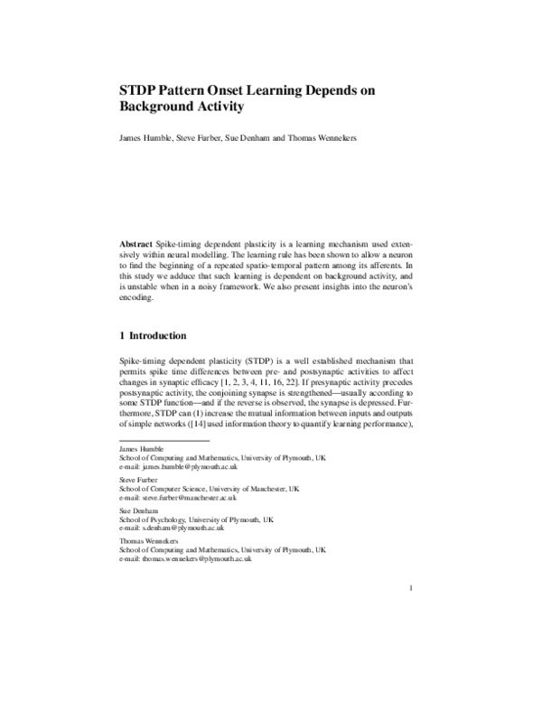 Pdf Stdp Pattern Onset Learning Depends On Background Activity Steve Furber