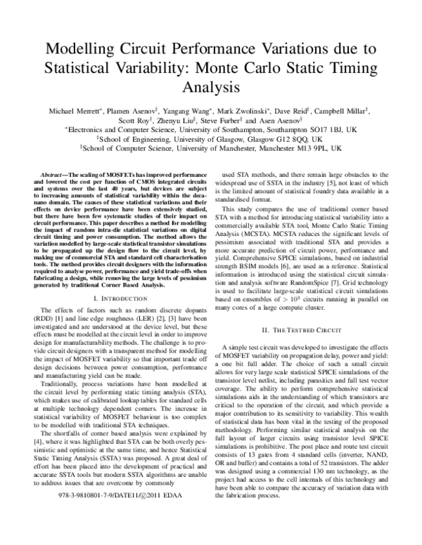 Pdf Modelling Circuit Performance Variations Due To Statistical