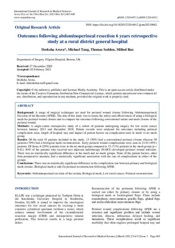 (PDF) Outcomes following abdominoperineal resection 6 years retrospective study at a rural ...