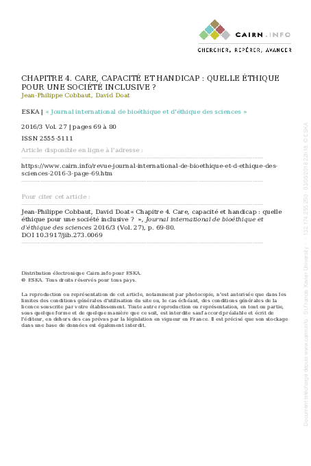 (PDF) Chapitre 4. Care, capacité et handicap : quelle éthique pour une ...