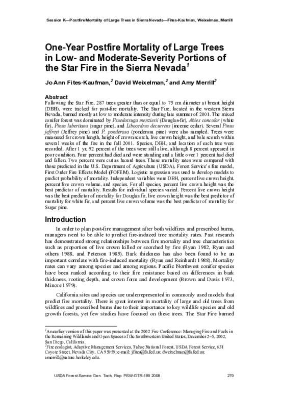 (PDF) One-Year Postfire Mortality of Large Trees in Low and Moderate-Severity Portions of the ...