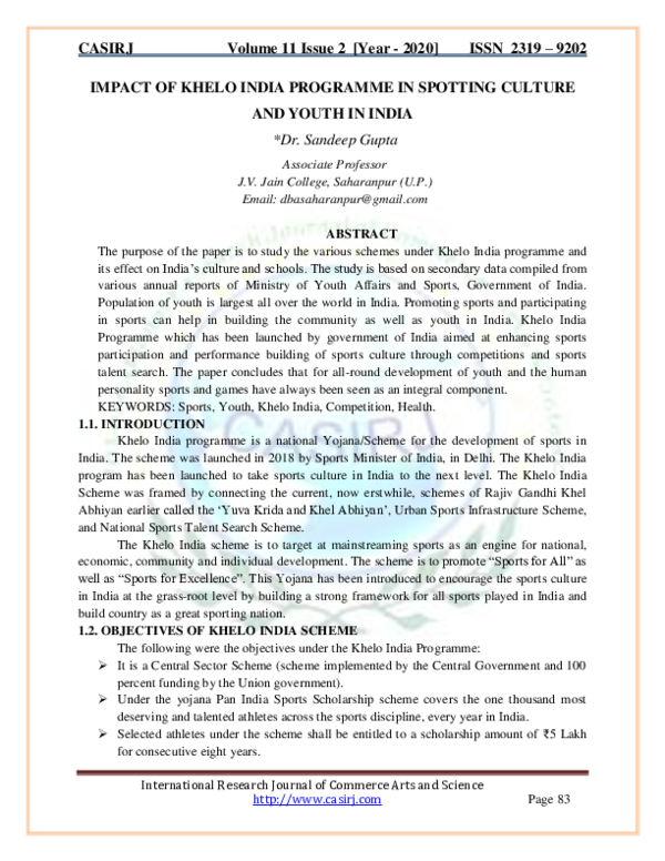 (PDF) IMPACT OF KHELO INDIA PROGRAMME IN SPOTTING CULTURE AND YOUTH IN ...