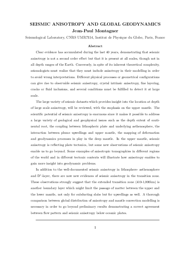 (PDF) Seismic Anisotropy and Global Geodynamics
