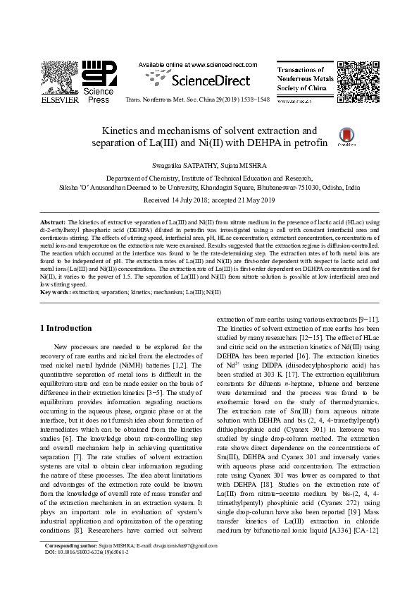 (PDF) Kinetics and mechanisms of solvent extraction and separation of ...