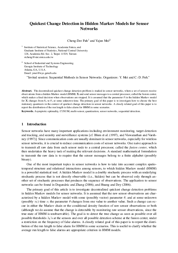 (PDF) Quickest Change Detection in Hidden Markov Models for Sensor Networks