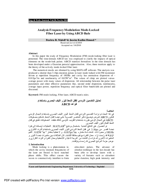 (PDF) Analysis Frequency Modulation Mode-Locked Fiber Laser by Using ABCD Rule
