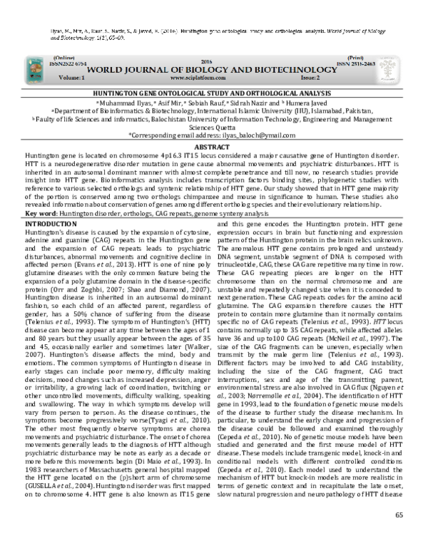 (PDF) Huntington Gene Ontological Study and Orthological Analysis