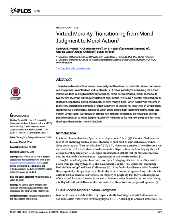 (PDF) Virtual Morality: Transitioning from Moral Judgment to Moral Action?