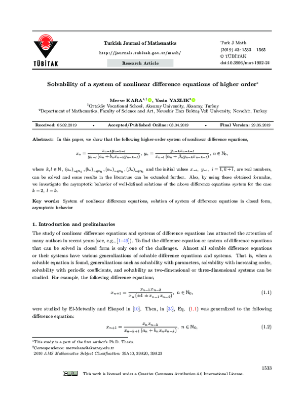 Pdf Solvability Of A System Of Nonlinear Difference Equations Of Higher Order Merve Kara