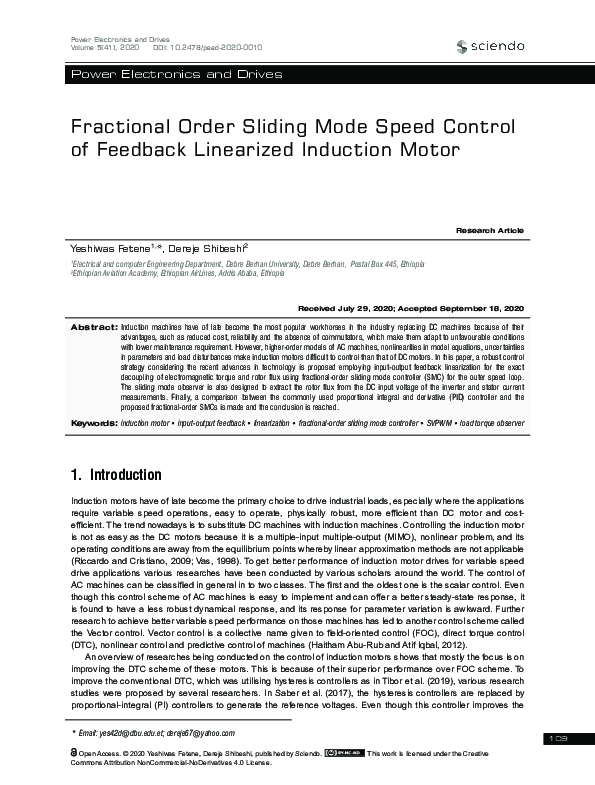 Pdf Fractional Order Sliding Mode Speed Control Of Feedback Linearized Induction Motor