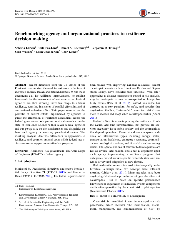 (PDF) Benchmarking agency and organizational practices in resilience ...