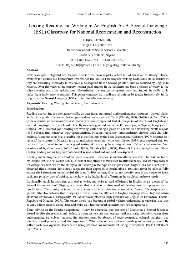 (PDF) Linking Reading and Writing in An English-As-A-Second-Language ...
